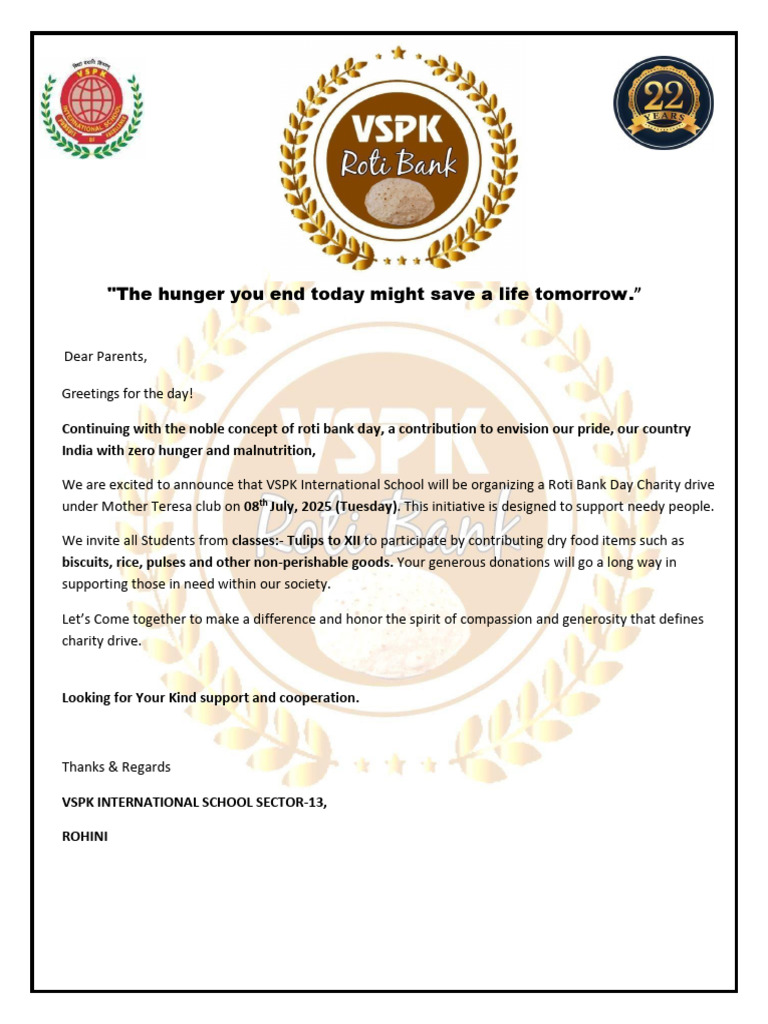 Roti Bank Day Charity Drive Announcement | PDF