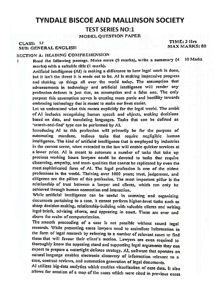 English MTP Class 12 (TS-1) | PDF