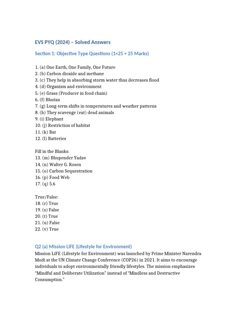 EVS PYQ Solved Answers | PDF | Pollution | Natural Environment