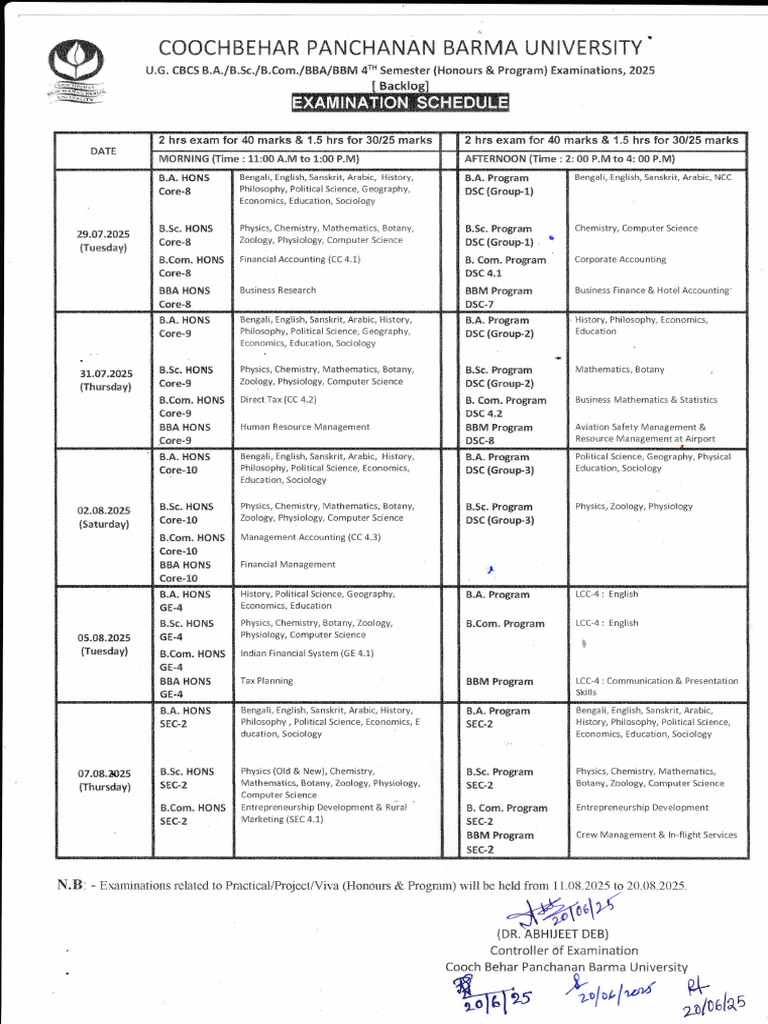 U.G. CBCS B.a., B.SC., B.com., BBA, BBM 4th Semester (Honours & Program) Examinations, 2025 ...