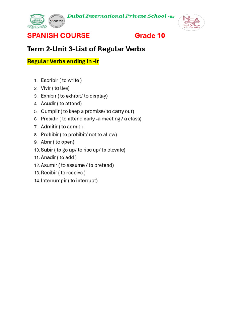 Unit 3-Regular Verbs - Ir - List-Term 2-Summative 4 | PDF