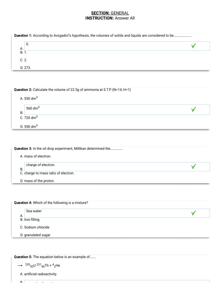 Chemistry Quiz: Concepts and Calculations | PDF | Acid | Salt (Chemistry)