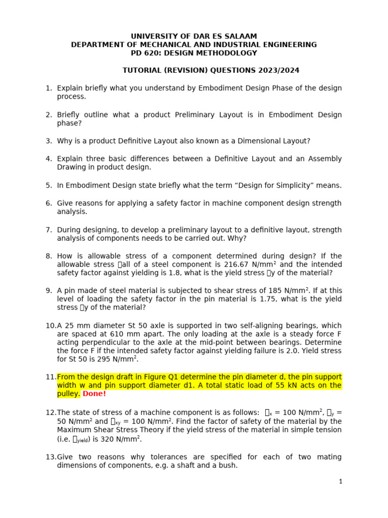 PD620 - Tutorial Questions 2023-2024 - 2 | PDF | Engineering Tolerance | Strength Of Materials