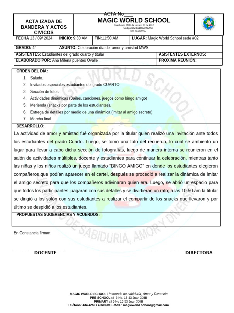 Acta Día de Amor y Amistad Cuarto | PDF
