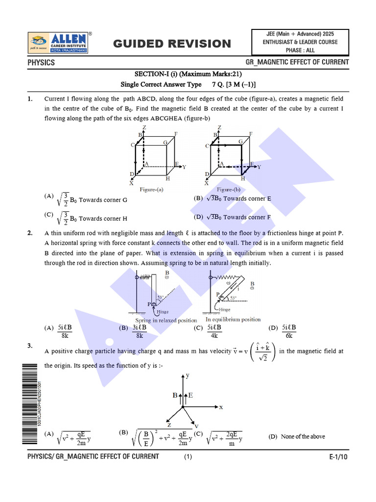 JEE Mains: Magnetic Effect Questions | PDF | Magnetic Field | Force