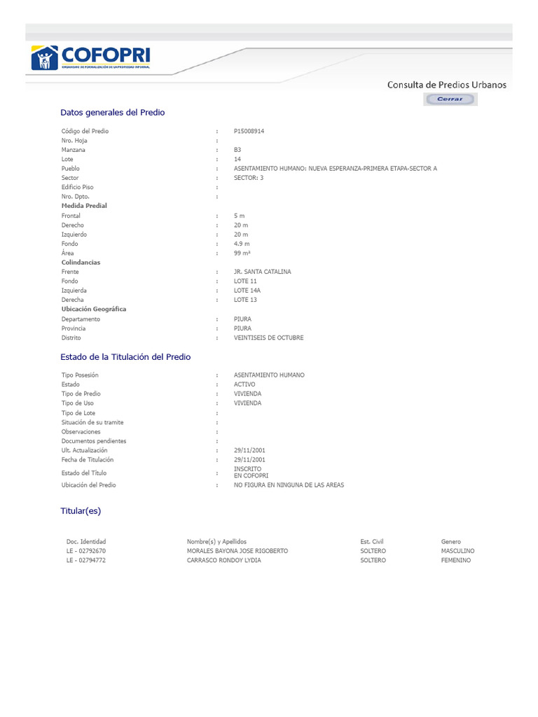 Consulta en Línea - COFOPRI - MPC | PDF