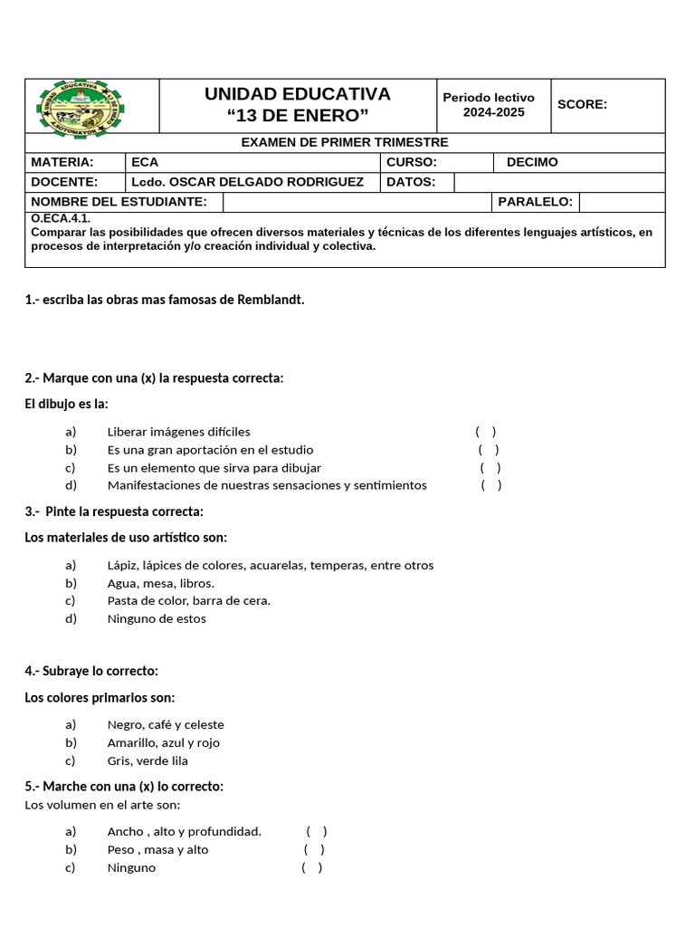 PRUEBA - DE - DIAGNOSTICO - DE ECA 10mo | PDF | Pinturas | Lápiz