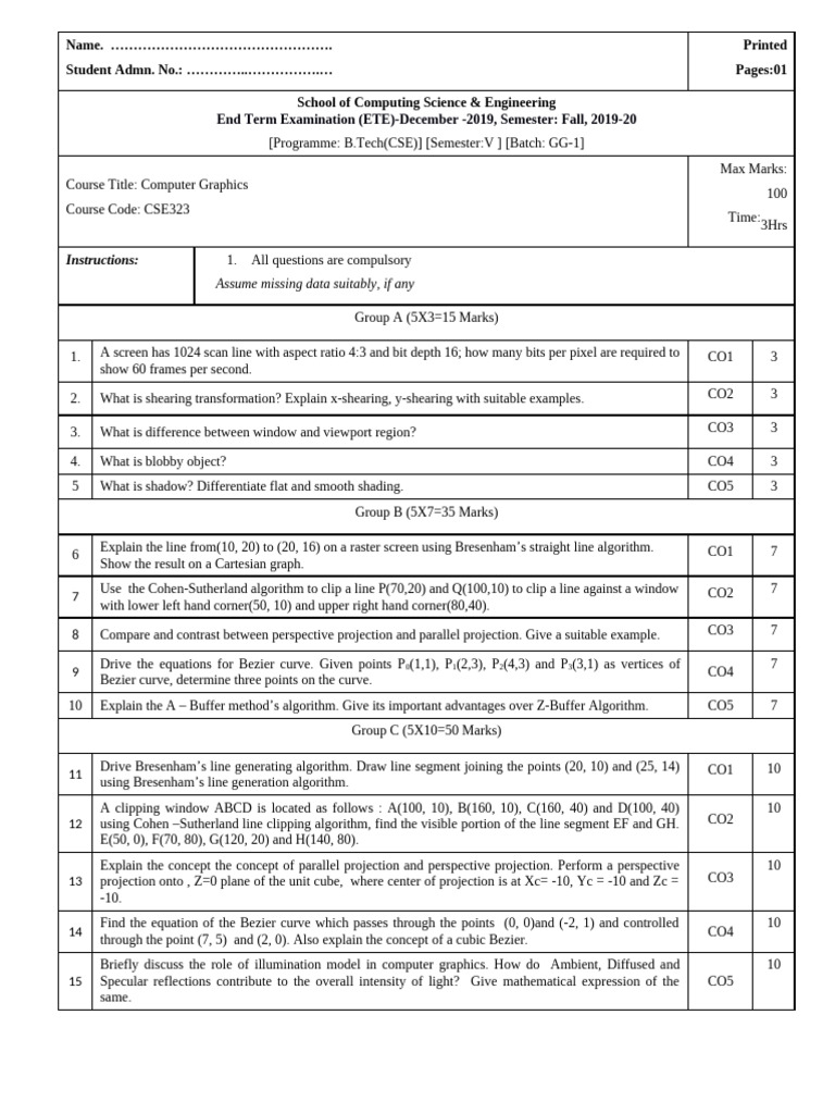 CSE323 Computer Graphics Exam 2019 | PDF | Computer Vision | Graphics