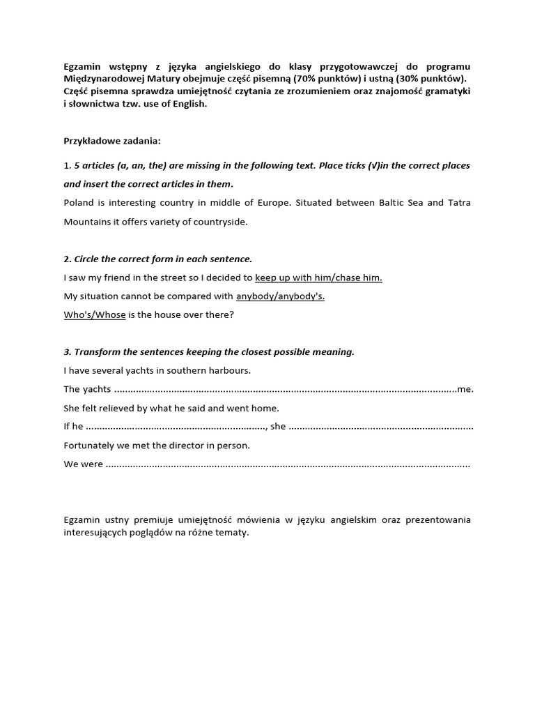 J ANGIELSKI Przykładowe Zadania Na Egzamin Do Klasy preIB | PDF