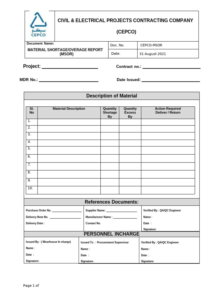 Material Shortage and Overage Report | PDF