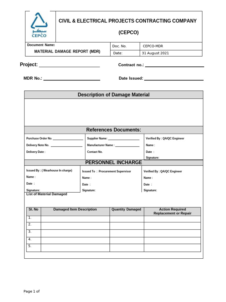 Material Damage Report MDR | PDF