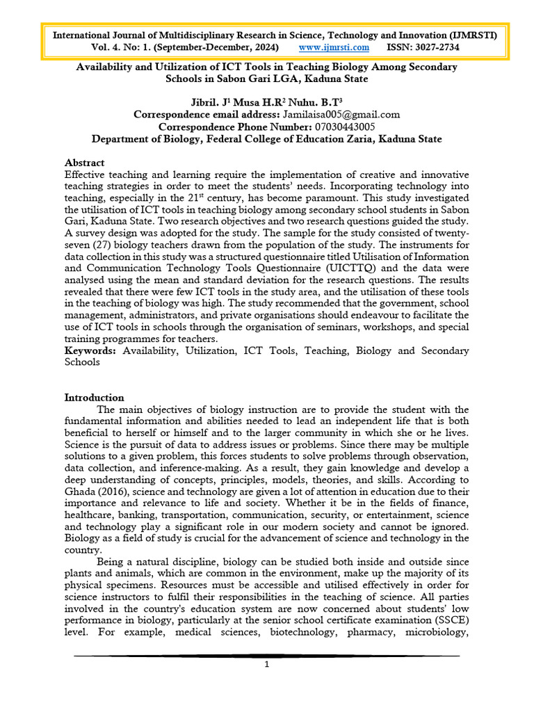 Availability and Utilization of ICT Tools in Teaching Biology Among ...