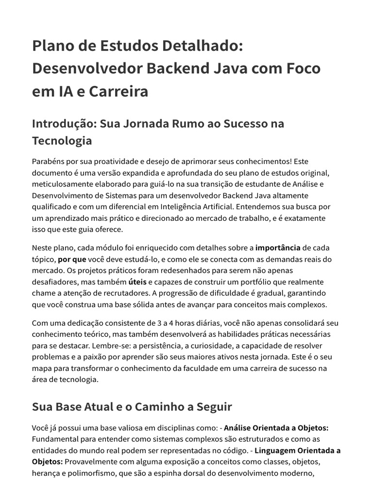 Plano de Estudos: Backend Java e IA | PDF | Bancos de dados | No SQL