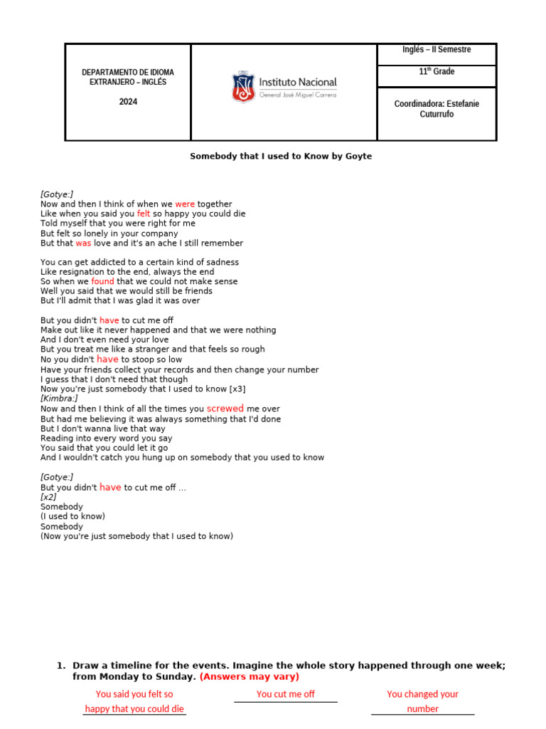 Somebody That I Used To Know. Answer Key | PDF