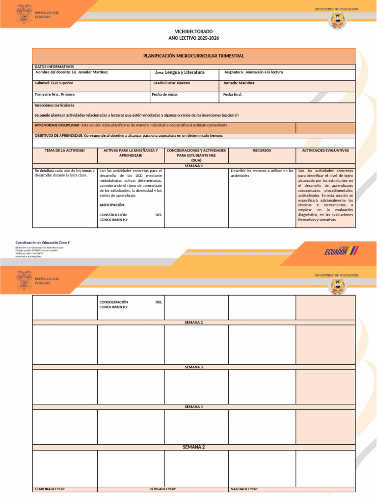 Formato-Planificacion-Trimestral Anim Lect, Aia 2025 | PDF | Aprendizaje | Cognición