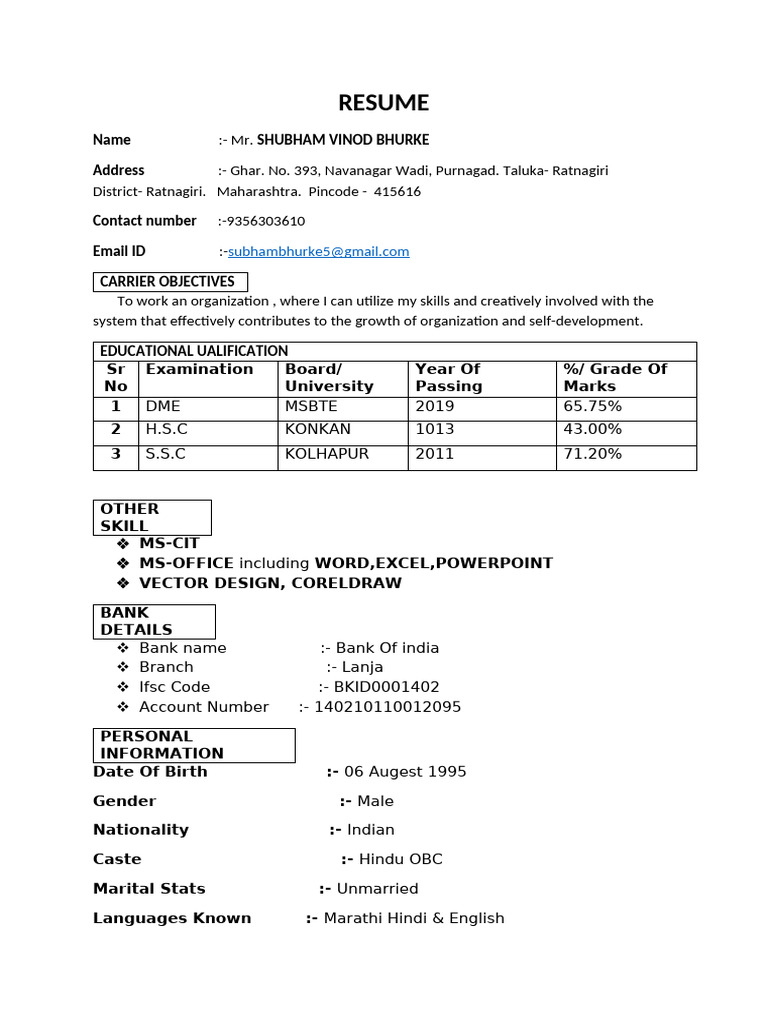 Resume: Name Shubham Vinod Bhurke Address Contact Number Email ID Carrier Objectives | PDF