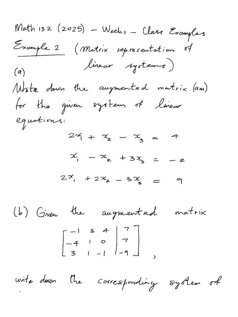 Week 1 - Example 2 - Matrix Representation of Linear Systems | PDF