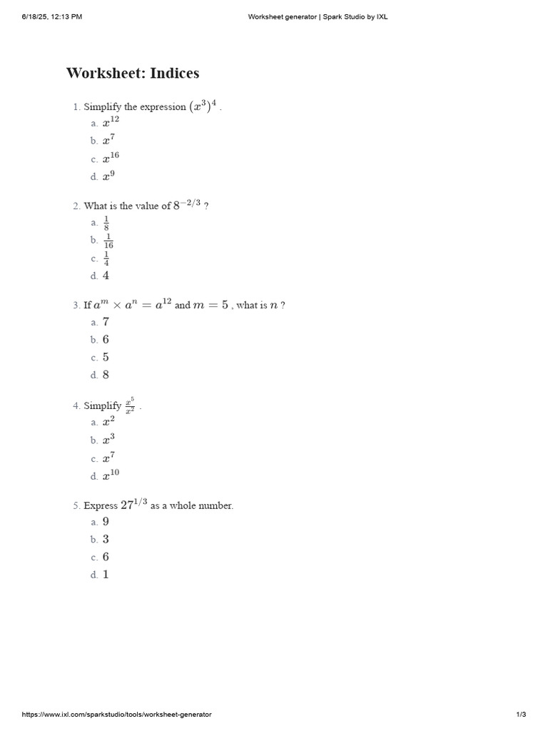 Indices Worksheet with Answers | PDF | Chess Theory | Chess