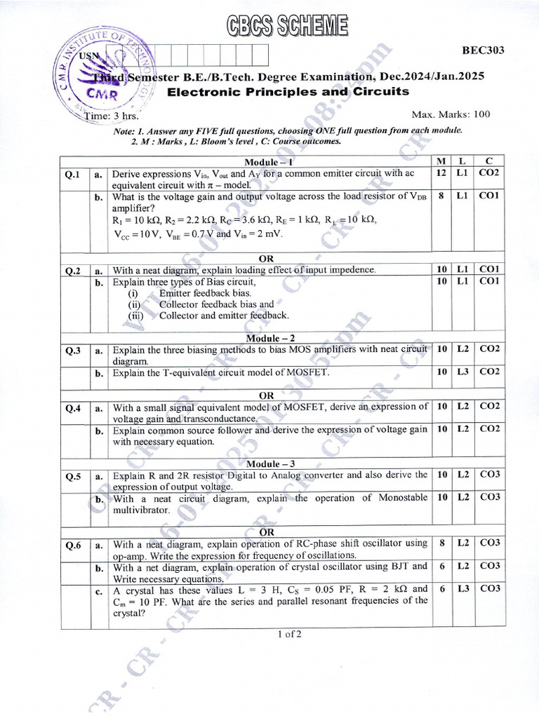 VTU Exam Question Paper With Solution of BEC303 Electronic Principles and Circuits Jan-2025-Dr ...