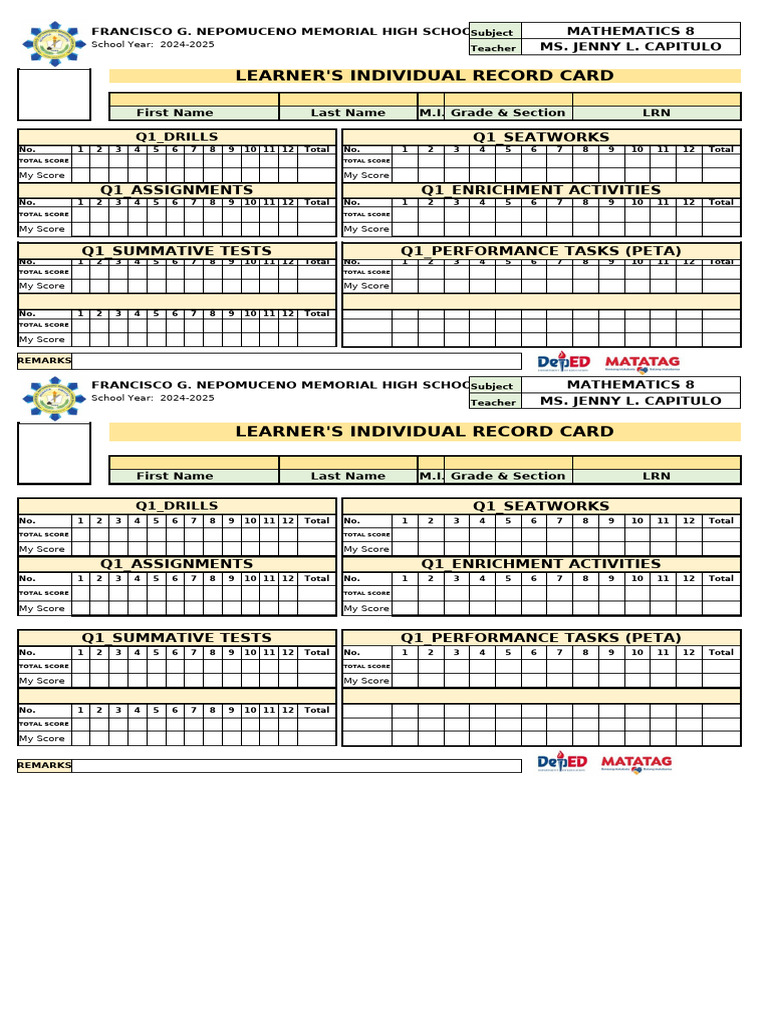 Learners Individual Record Card Excel Math New | PDF