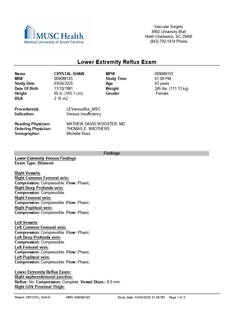 Lower Extremity Reflux Exam Results | PDF | Vein | Clinical Medicine