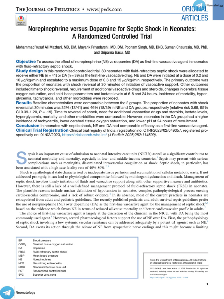 Norepinephrine Versus Dopamine For Septic Shock in Neonates A ...