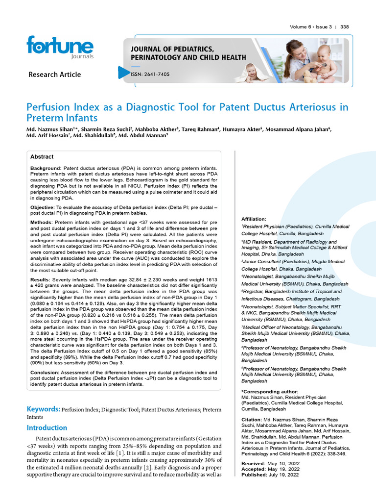 Perfusion Index As A Diagnostic Tool For Patent Ductus Arteriosus in ...
