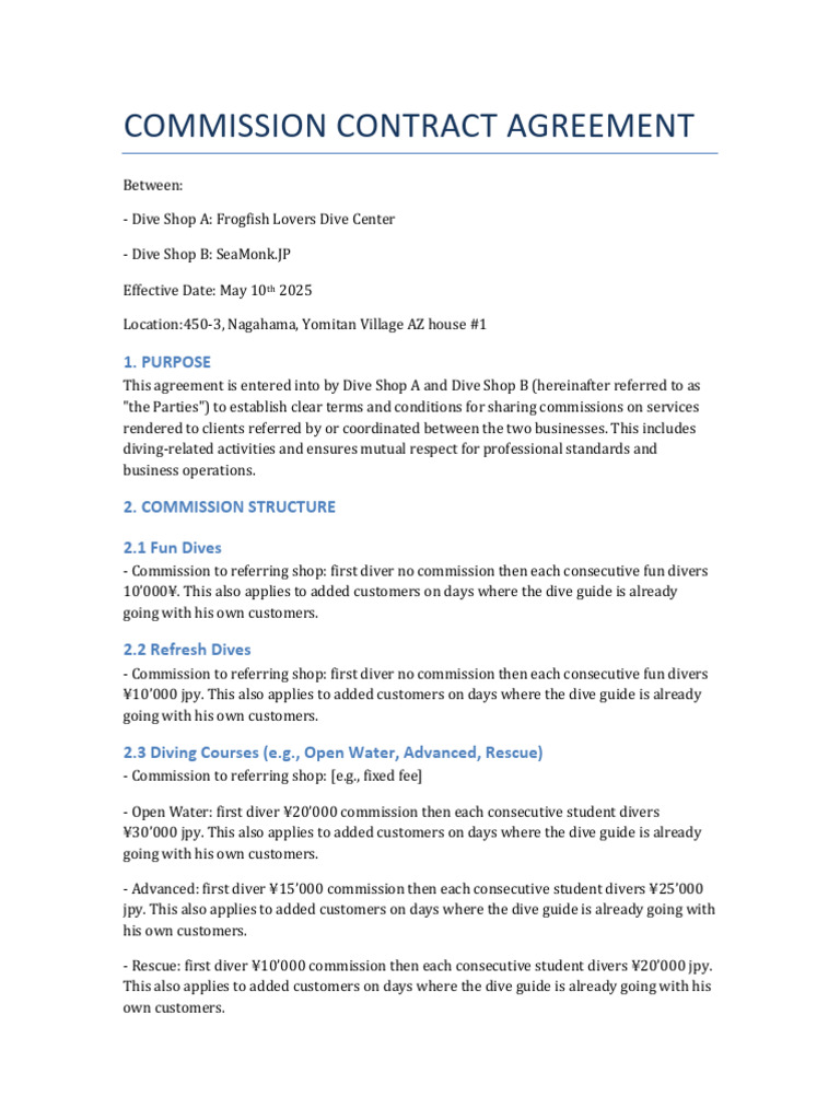 Dive Shop Commission Contract Agreement | PDF | Scuba Diving ...