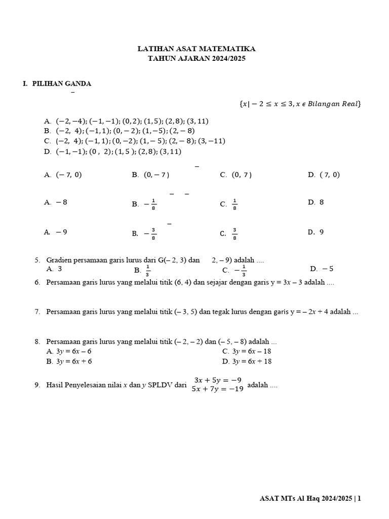 Latihan Asat Matematika Kelas 8 2024-2025 | PDF
