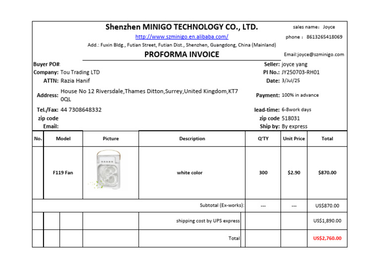 Proforma Invoice for F119 Fan Order | PDF