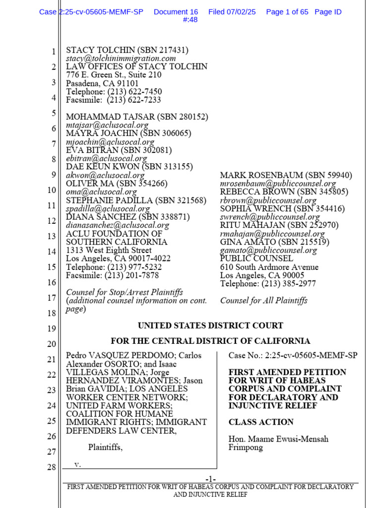 July 3, 2025 ACLU -Vasquez Perdomo v Noem - First Amended Petition and Complaint | PDF | U.S ...