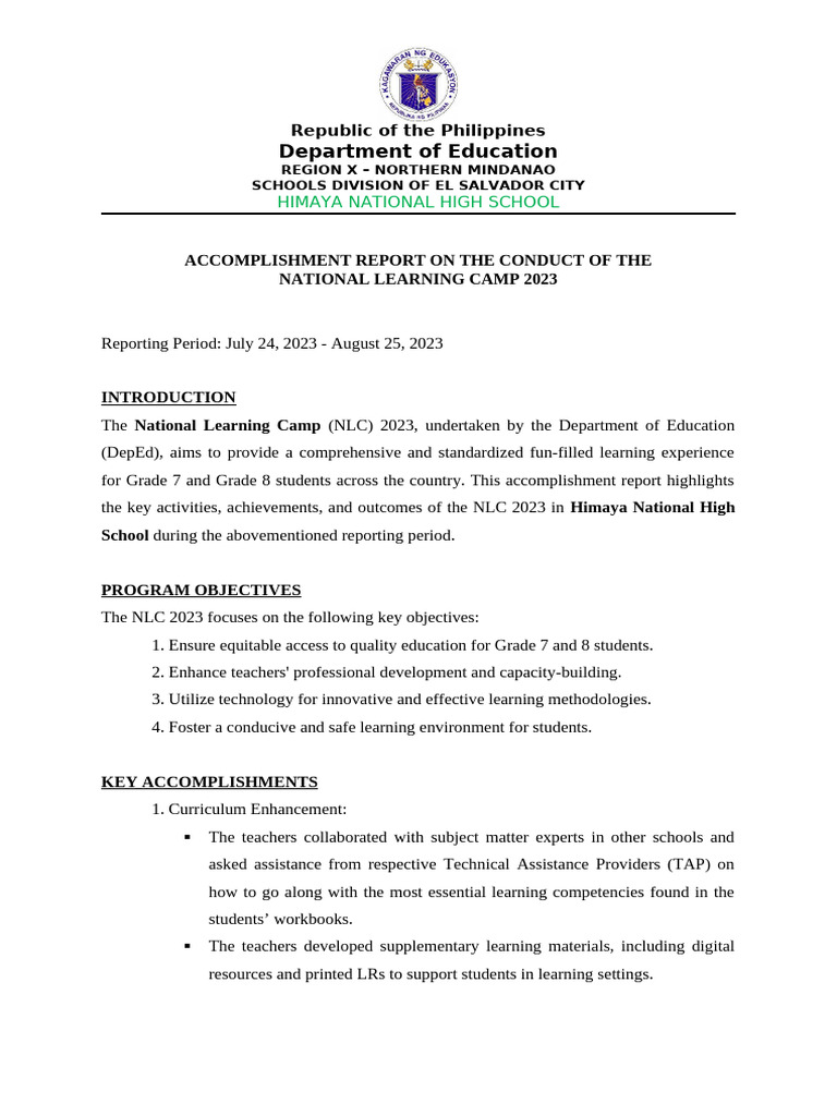 Accomplishment Report NLC | PDF | Educational Assessment | Learning