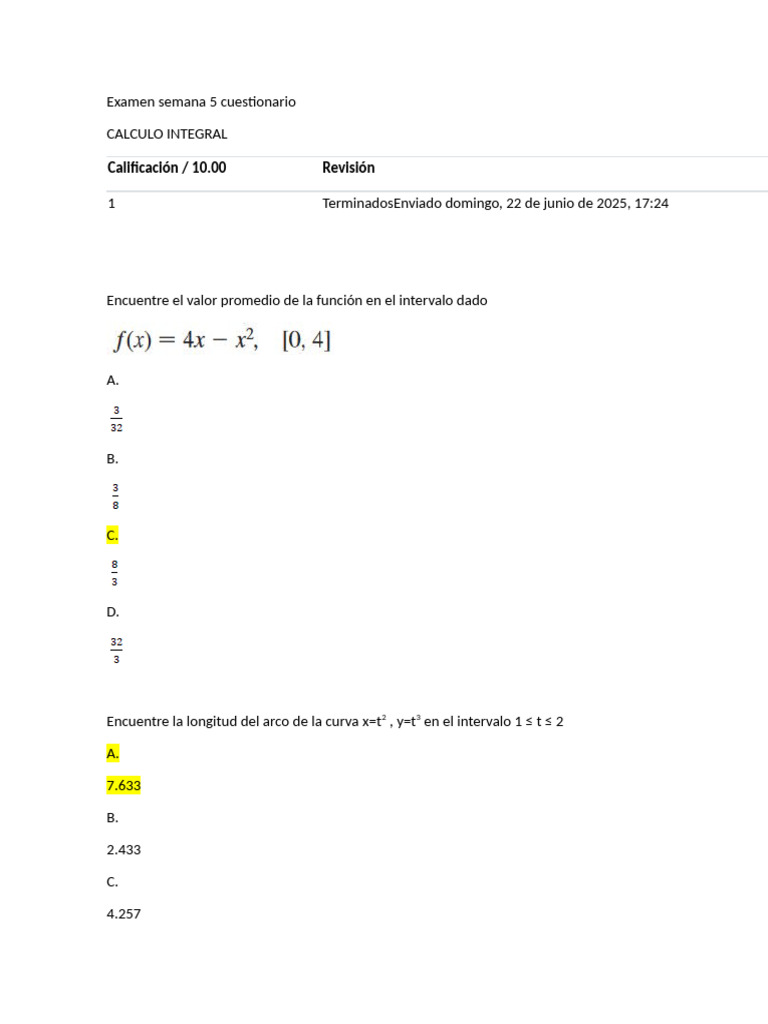 Examen Semana 5 Cuestionario CALCULO INTEGRAL | PDF