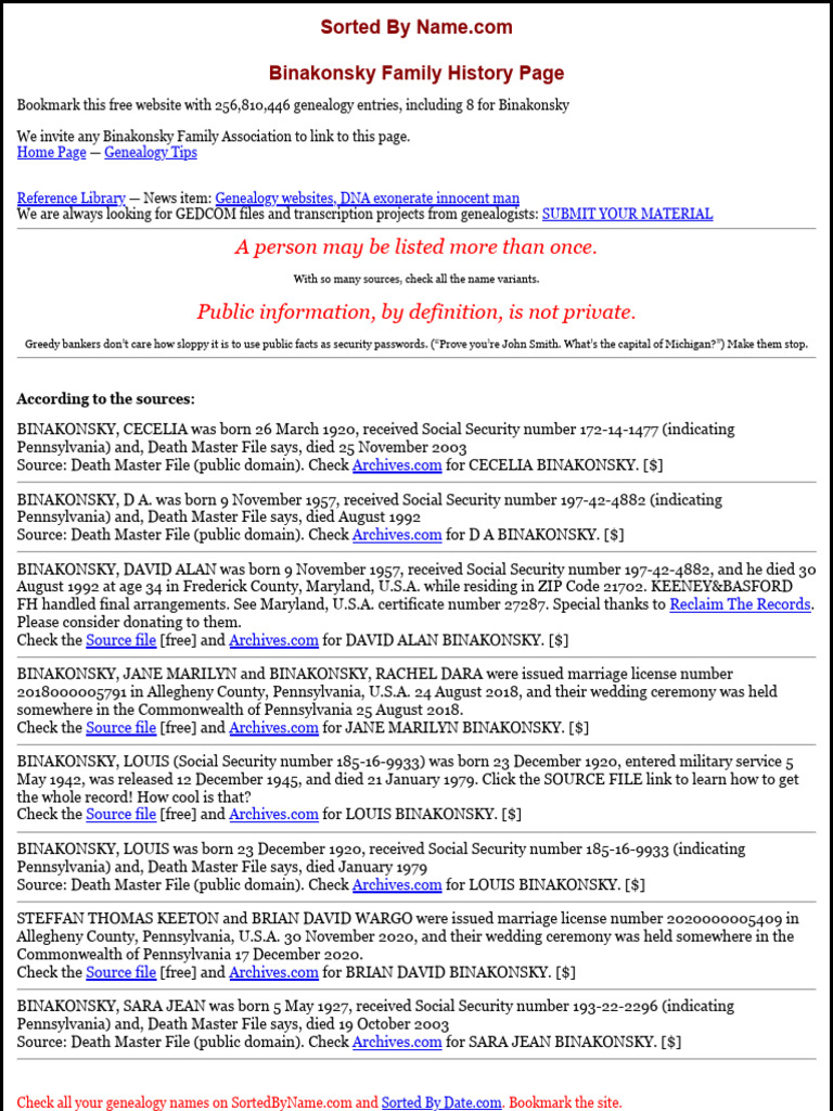 Binakonsky Family Genealogy Records | PDF | Genealogy