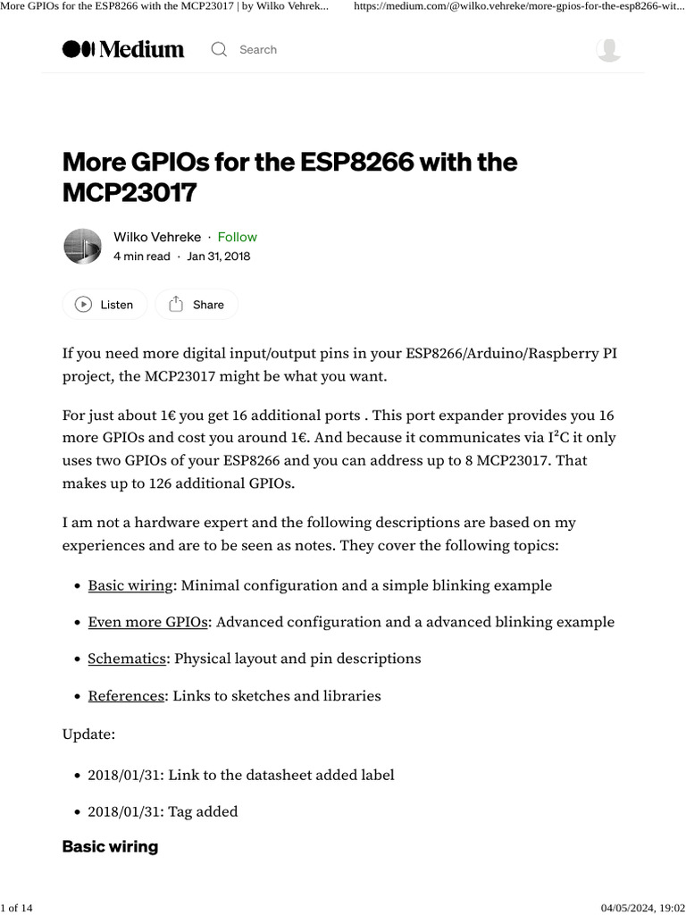 More GPIOs For The ESP8266 With The MCP23017 by Wilko Vehreke Medium | PDF | Manufactured Goods ...