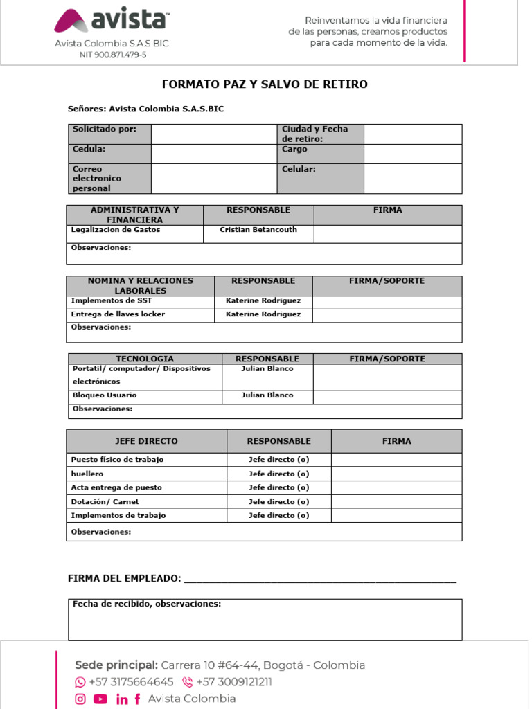 Formato Paz y Salvo de Retiro | PDF