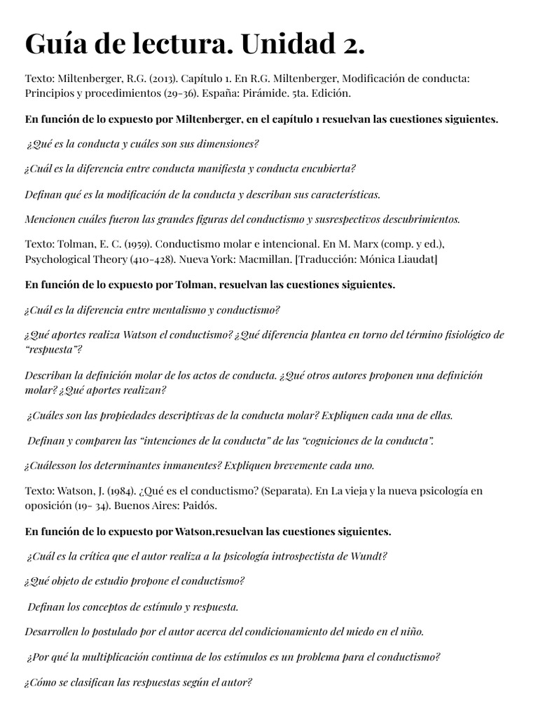 Guía de Lectura. Unidad 2. | PDF | Behaviorismo | Comportamiento