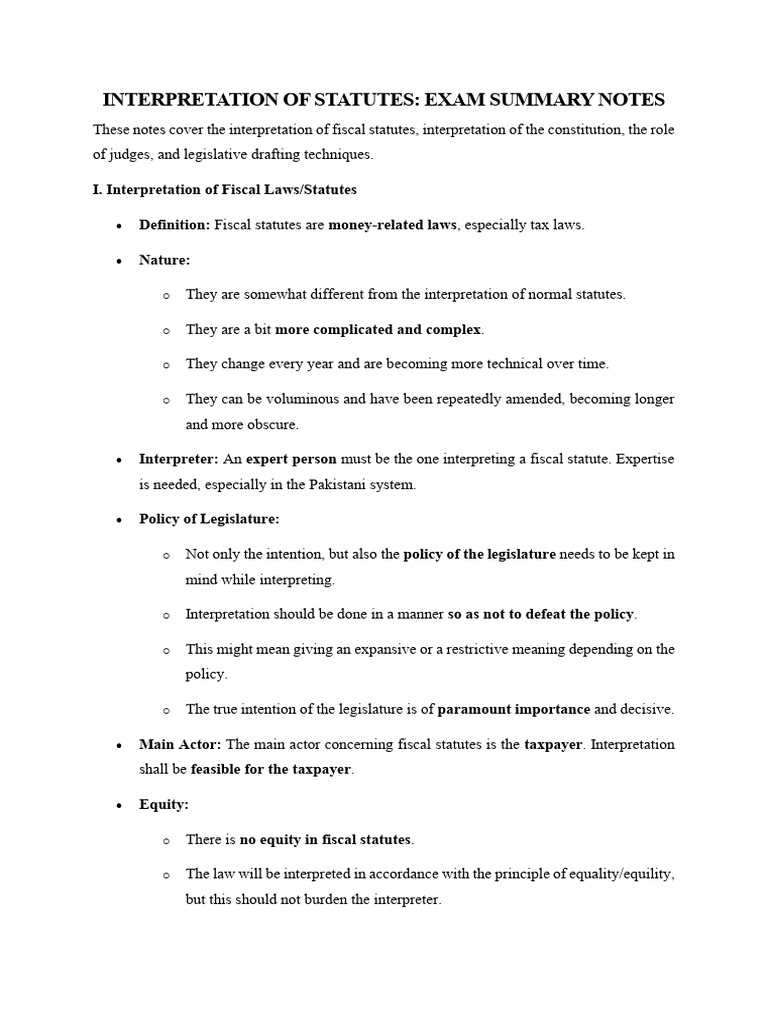 Interpretation of Statute, Exam Summary Notes | PDF | Precedent ...