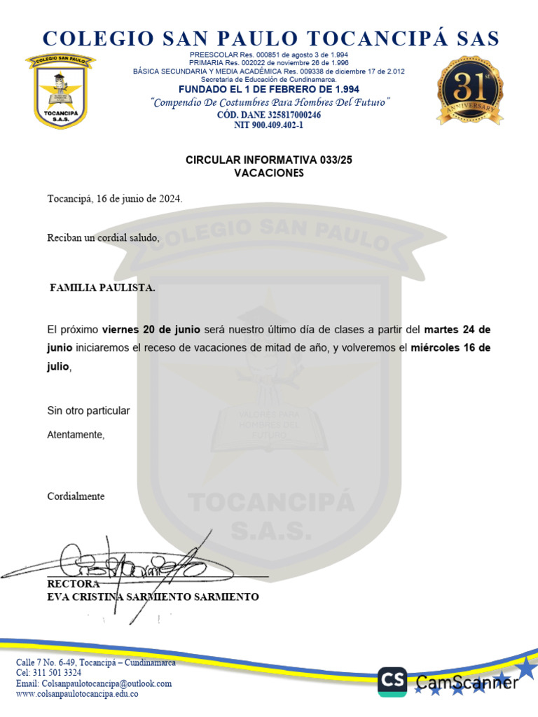 Circular Informativa 033 Vacaciones-1 | PDF