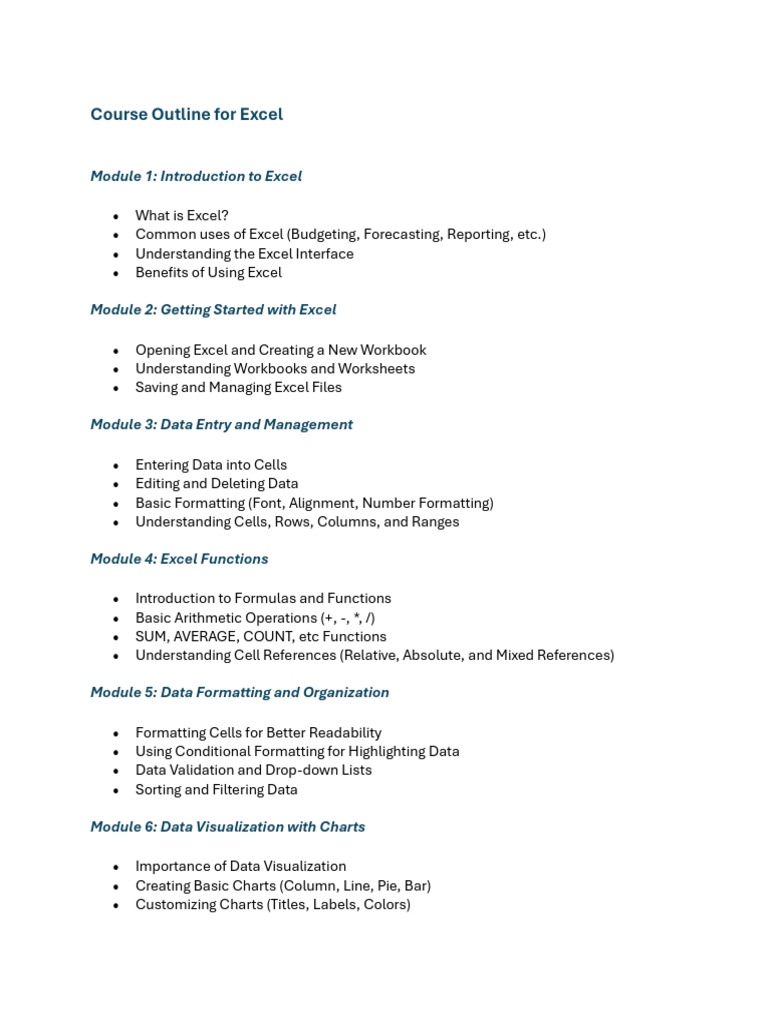 Millennium Excel Course Outline | PDF