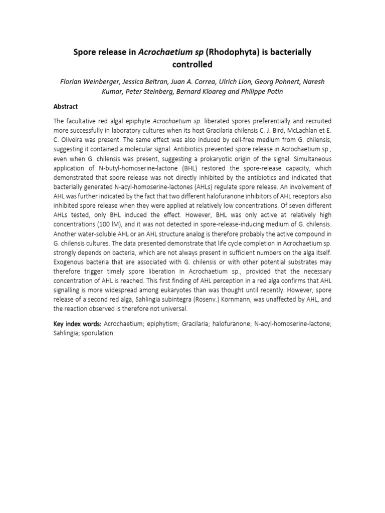 Spore Release in Acrochaetium SP (Rhodophyta) Is Bacterially Controlled ...