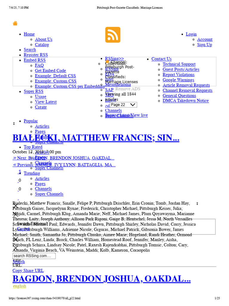 Pittsburgh Post-Gazette Classifieds - Marriage Licenses | PDF