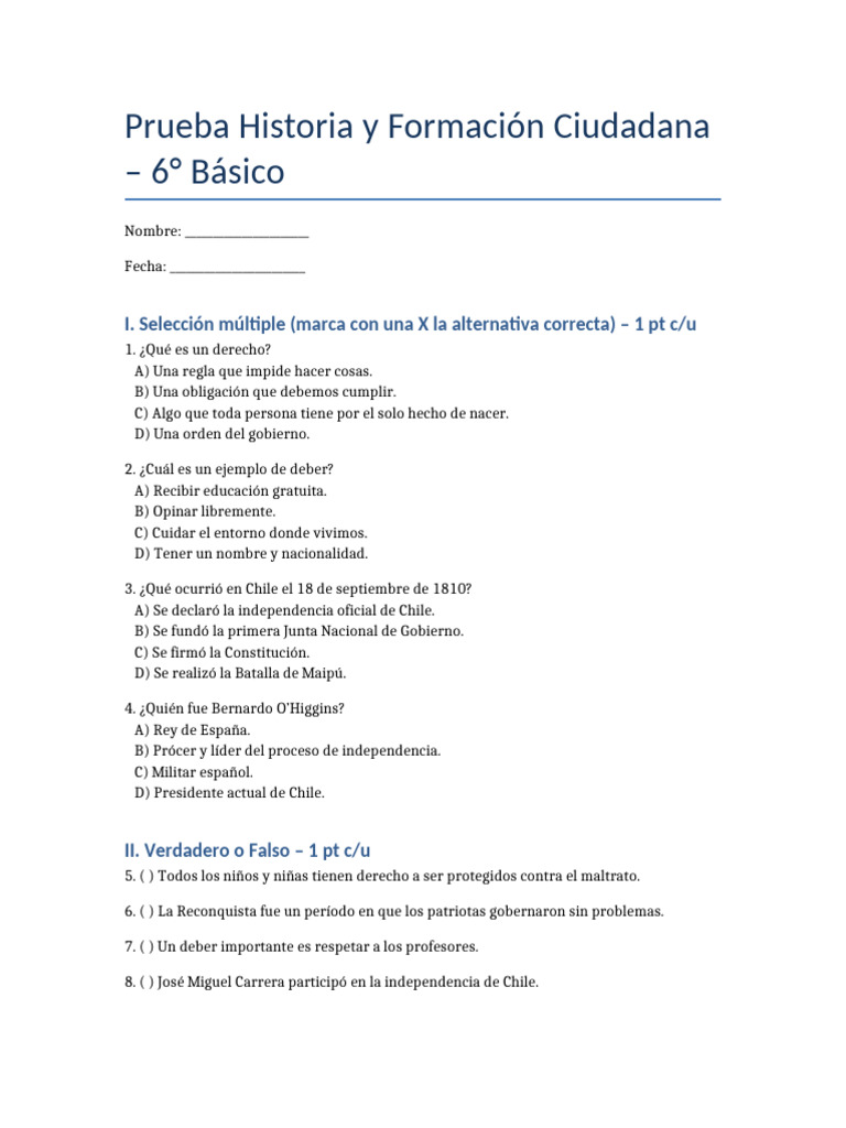 Prueba Historia 6to Basico Derechos Independencia | PDF