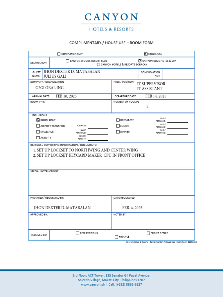 Complimentary House Use Room Form | PDF