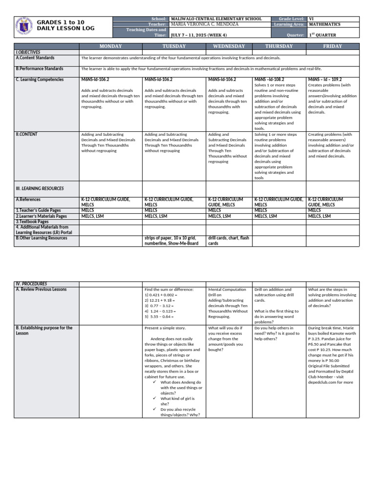 DLL - Mathematics 6 - Q1 - W4 | PDF | Subtraction