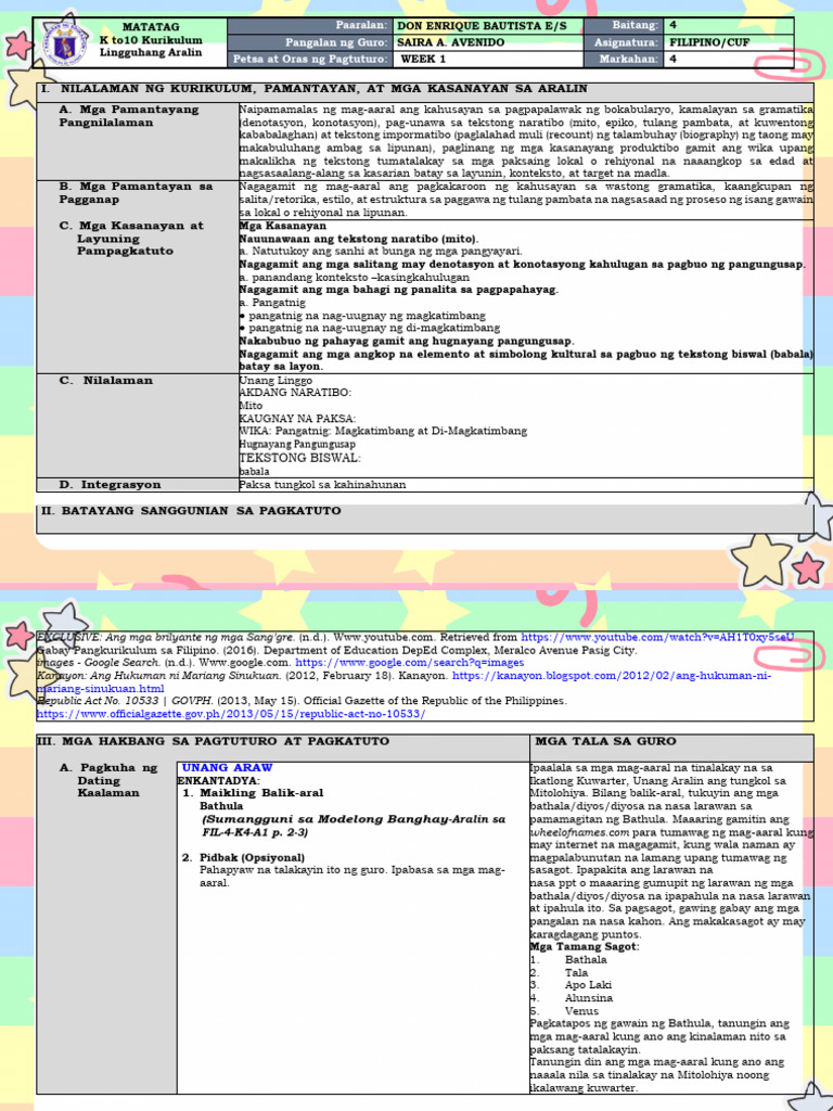 DLL Matatag - Filipino 4 Q4 W1 | PDF