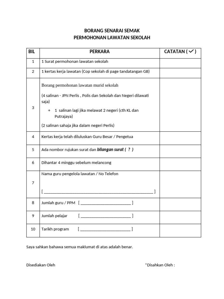 Borang Senarai Semak Lawatan | PDF