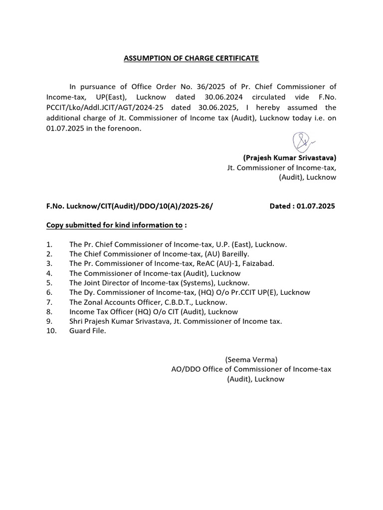 Assumption of Charge Dated 01.07.2025 | PDF