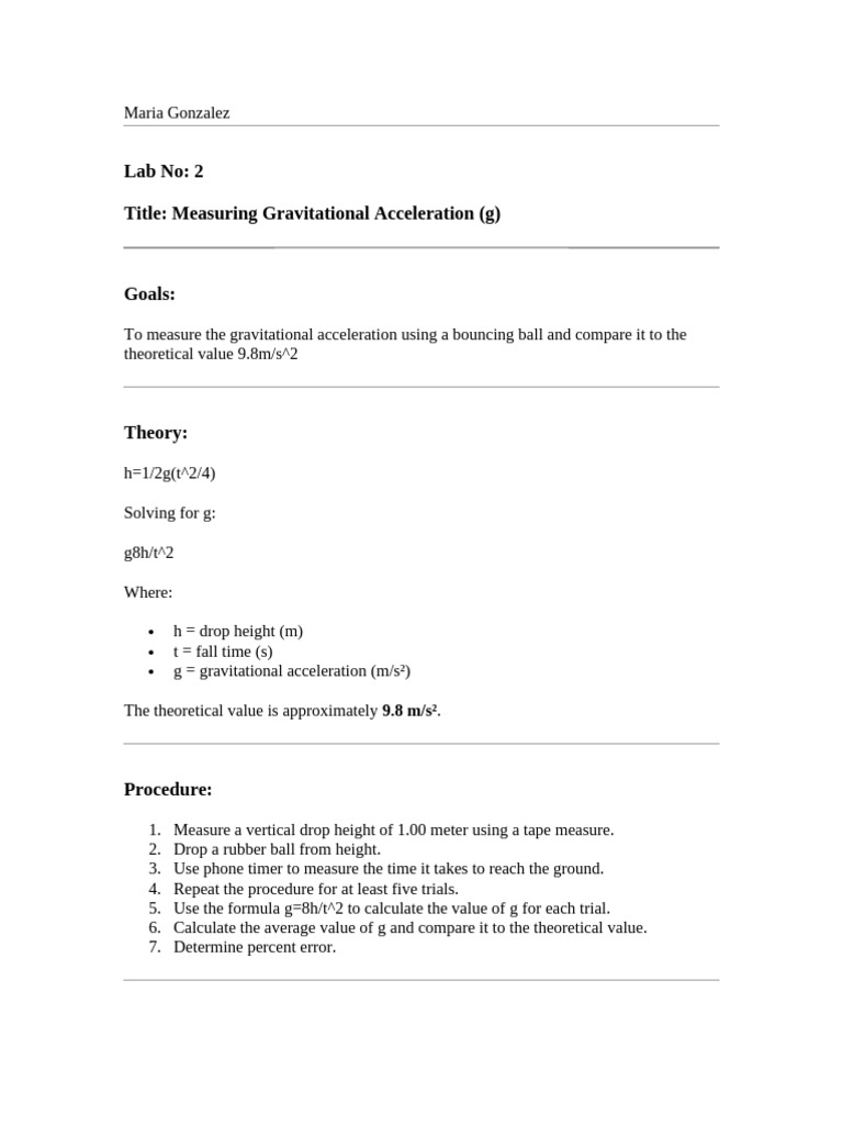 Lab 2 Gravitational Acceleration Report | PDF
