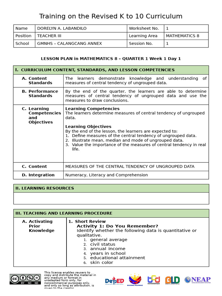 Lesson Plan: Central Tendency in Math 8 | PDF | Average | Mean